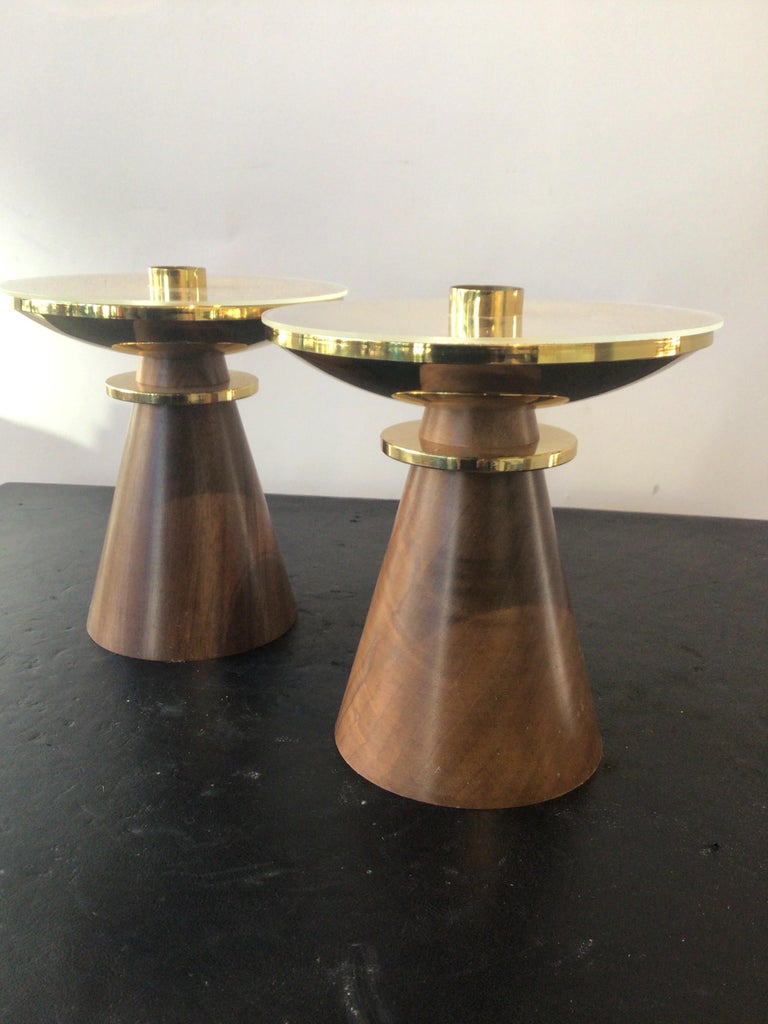1960s Swiss Brass and Walnut Candlesticks For Sale at 1stDibs