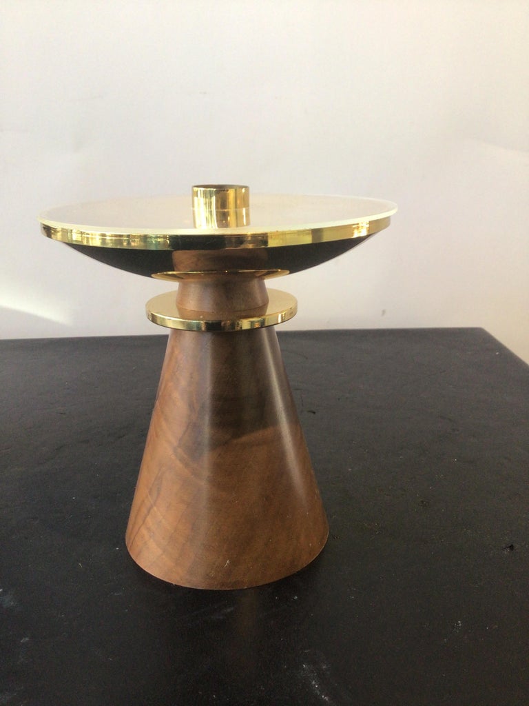 1960s Swiss Brass and Walnut Candlesticks For Sale at 1stDibs