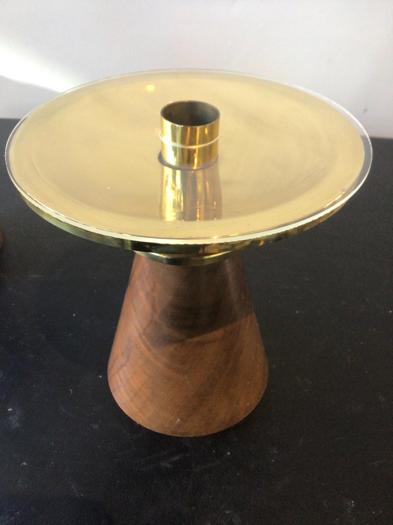 1960s Swiss Brass and Walnut Candlesticks For Sale at 1stDibs