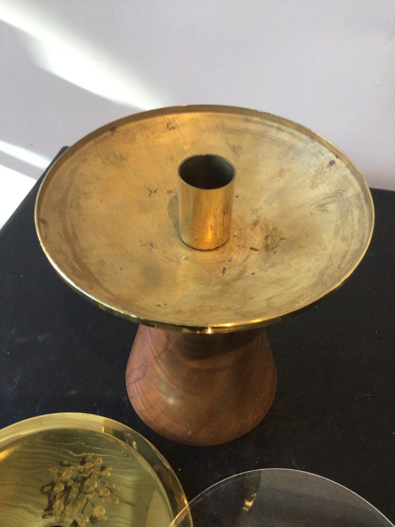1960s Swiss Brass and Walnut Candlesticks For Sale at 1stDibs