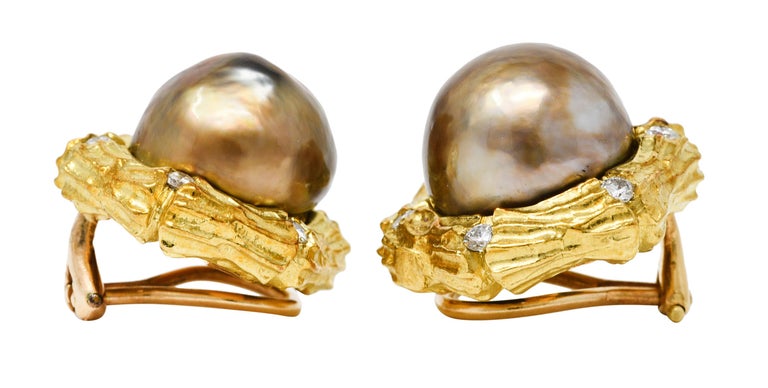1960's Tahitian Pearl Diamond 14 Karat Yellow Gold Bamboo Vintage Clip ...