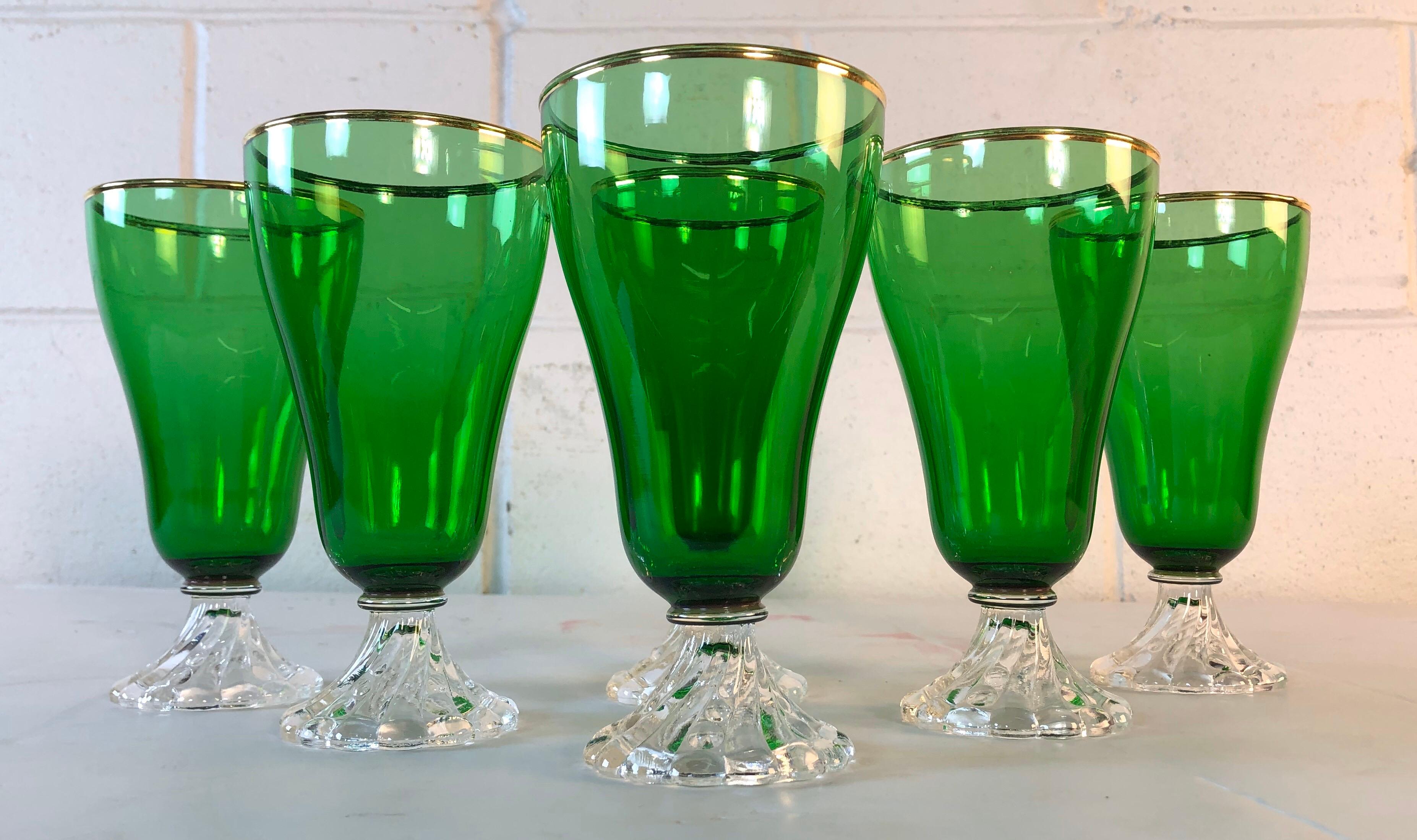 1960s Tall Green and Gold Rim Stems, Set of 6 For Sale at 1stDibs