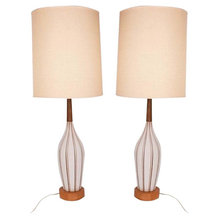 1960s Tall Mid-Century Modern Walnut Ceramic Table Lamps Pair For Sale ...