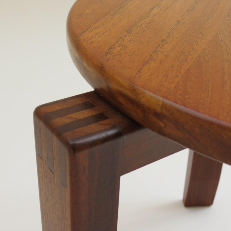 1960s Teak Small Round Three-Legged Table Fingerjoint Detail at 1stDibs