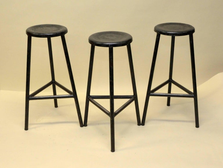 1960s Three Black Metal Italian Industrial Three-Legged Bar High Stools ...
