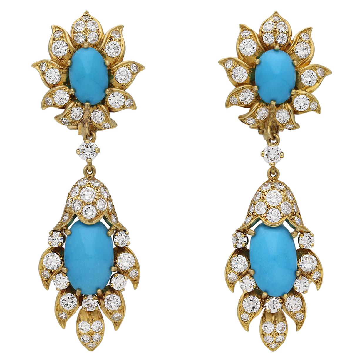 1960s Turquoise and Diamond Day and Night Clip Earrings For Sale at ...