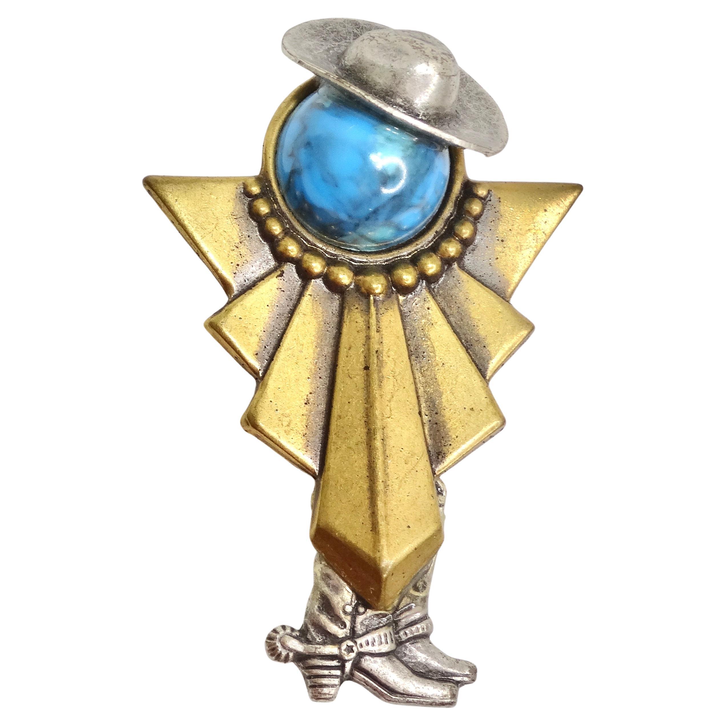 1960s Turquoise Bronze Cowboy Brooch For Sale at 1stDibs