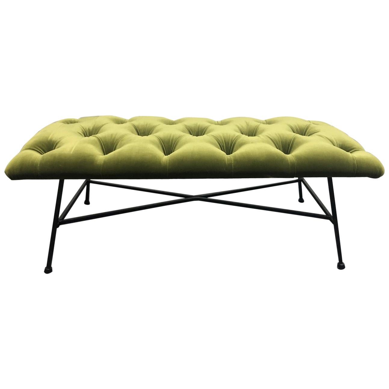 Midcentury Walnut Bench with Original Velvet Tie Dye Upholstery, circa ...