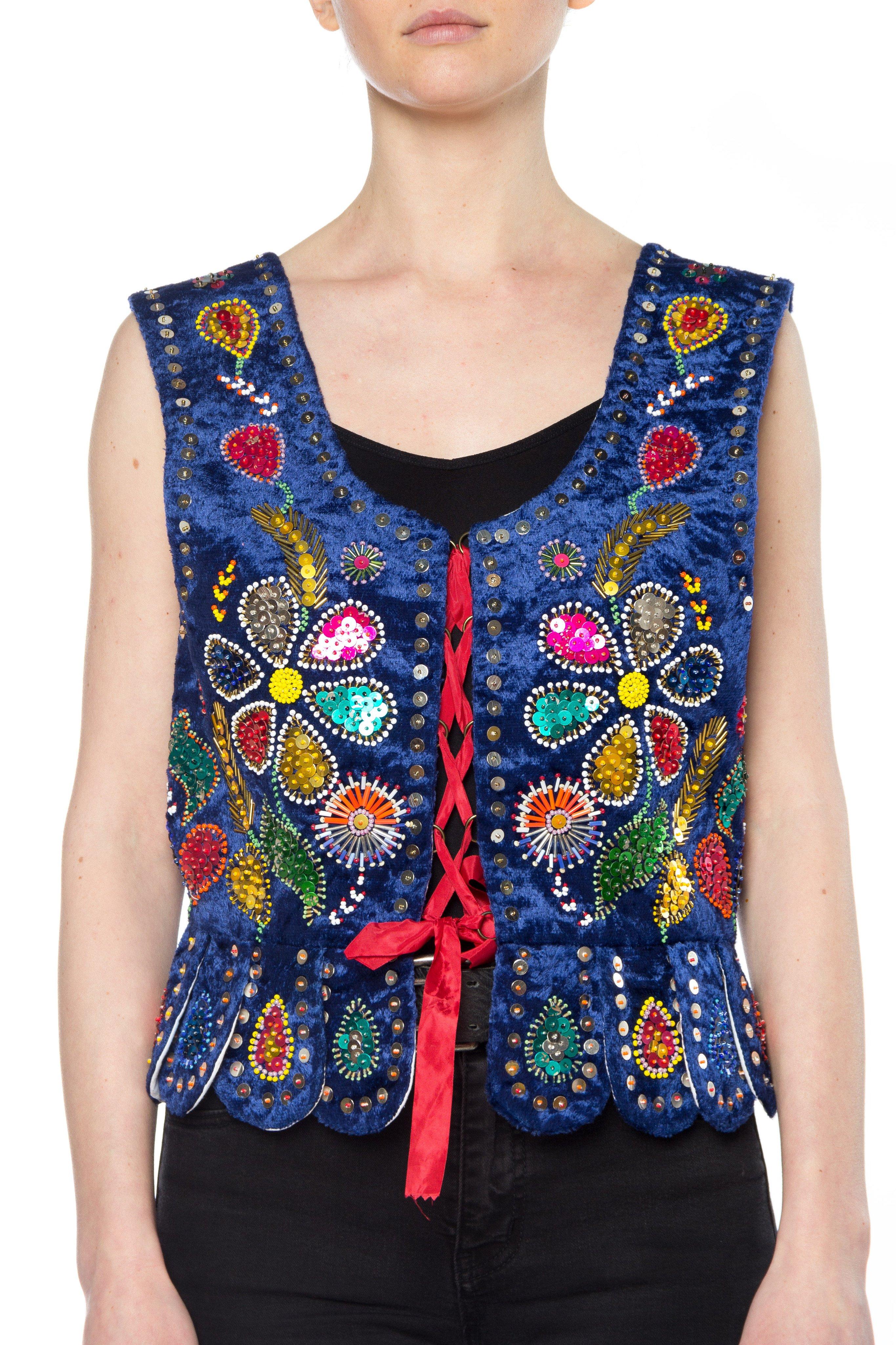 1970S Blue Cotton Velvet Boho Vest With Lacing, Floral Sequins And ...