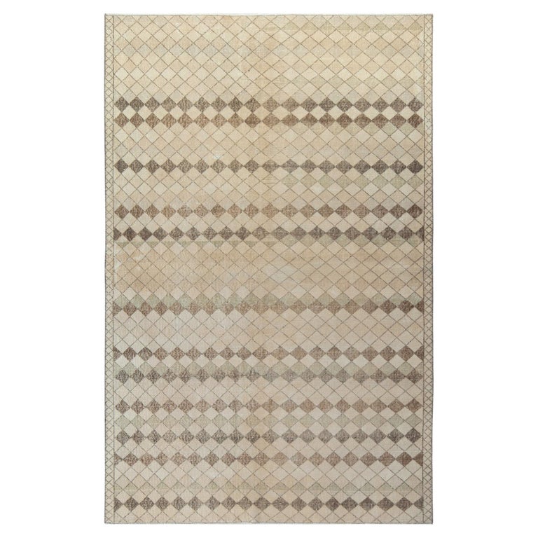 1960s Vintage Art Deco Rug in Beige-Brown Lattice Diamond Pattern by ...