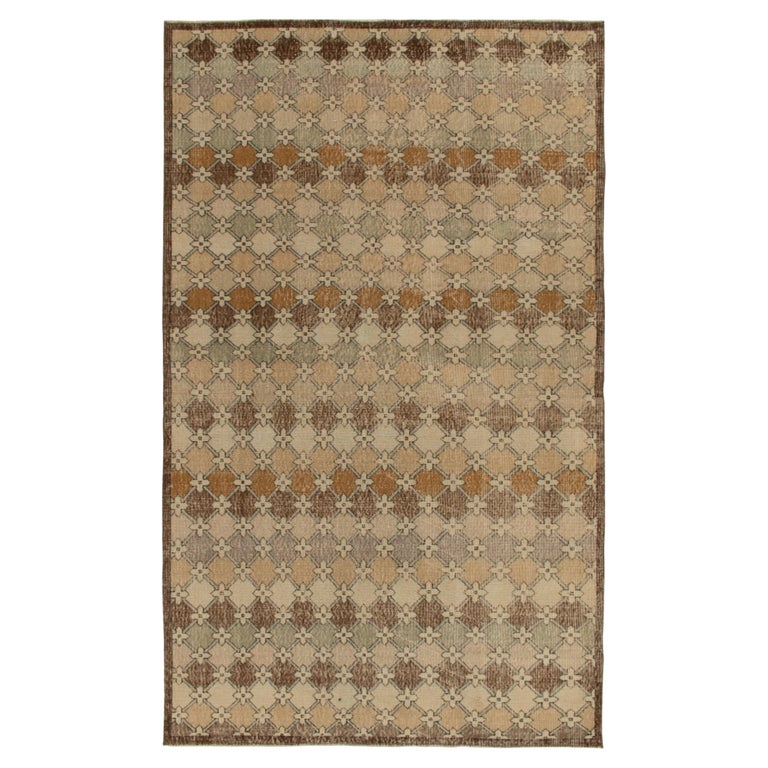 1960s Vintage Art Deco Rug in Beige-Brown Light Geometric Pattern by ...