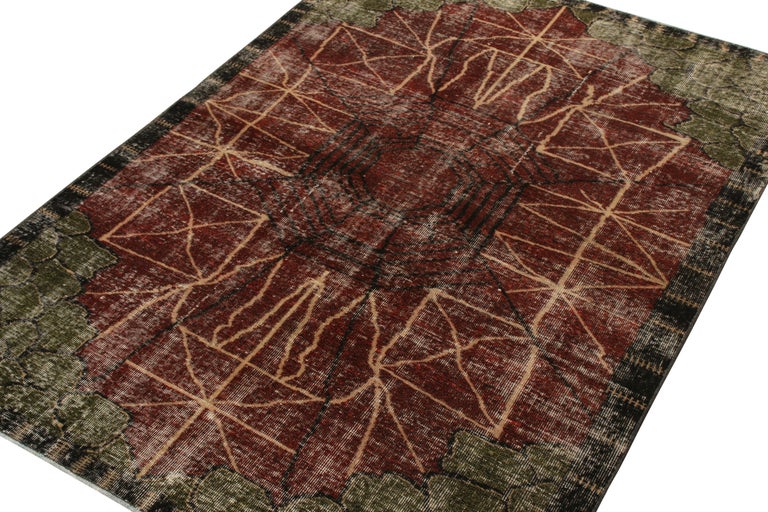1960s Vintage Art Deco Rug in Red Distressed Geometric Pattern by Rug ...