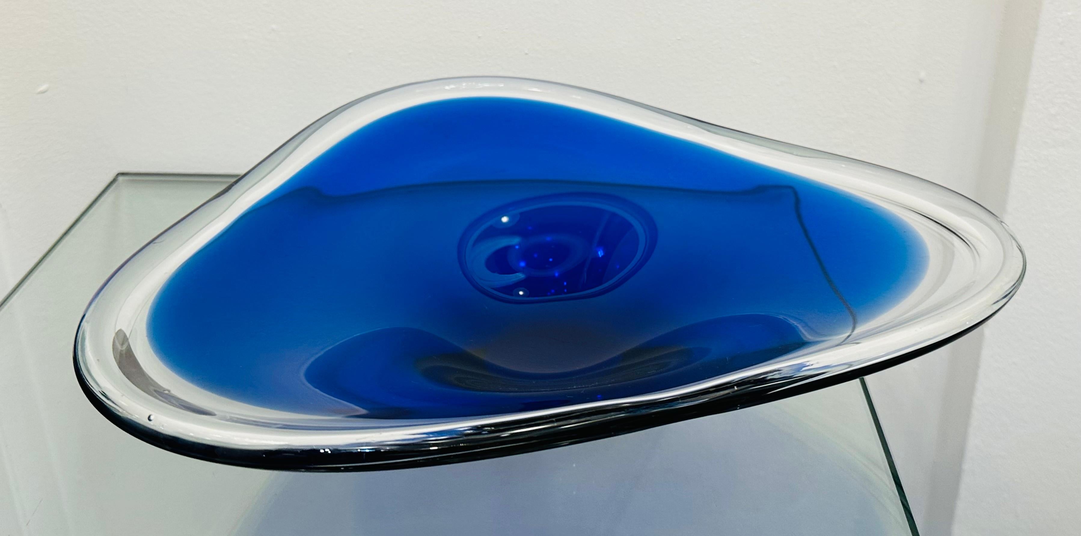 1960s Vintage Danish Cobalt Blue and Clear Art Glass Decorative Bowl or ...