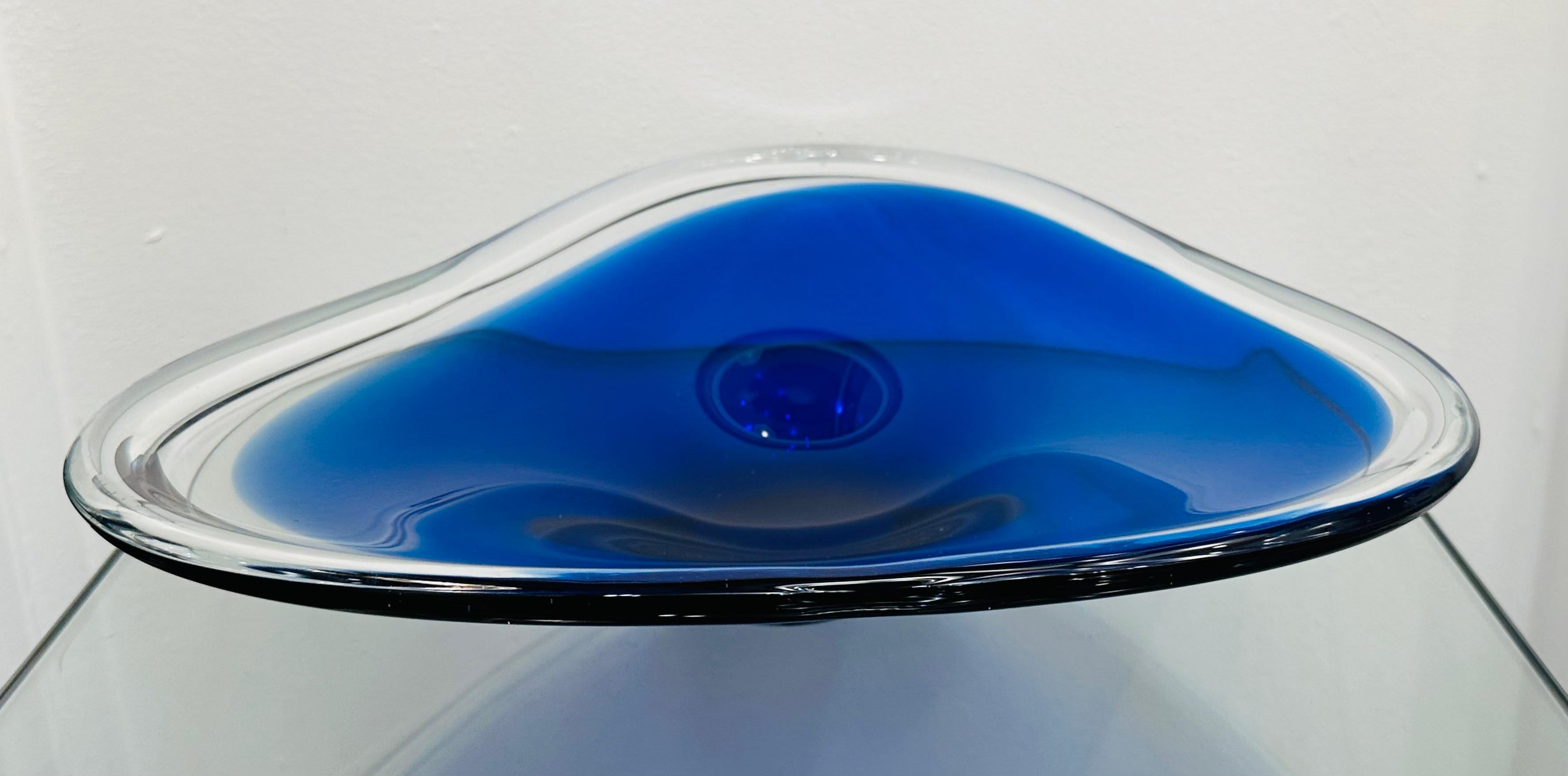 1960s Vintage Danish Cobalt Blue and Clear Art Glass Decorative Bowl or ...