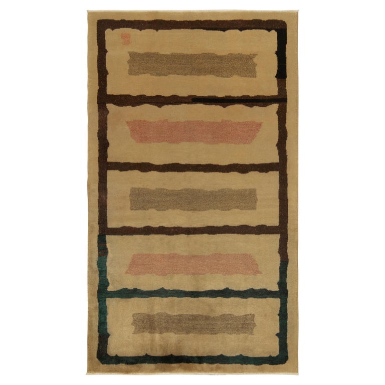 1960s Vintage Deco Rug in Beige-Brown, Pink Geometric Pattern by Rug ...