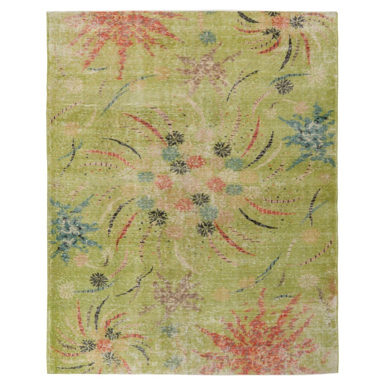 1960s Vintage Deco Rug in Green, Multicolor Distressed Geometric ...