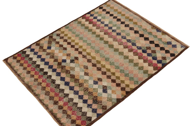 1960s Vintage Distressed Art Deco Rug in Brown Geometric Pattern by Rug ...