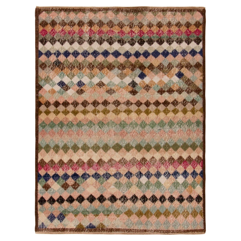 1960s Vintage Distressed Art Deco Rug in Brown Geometric Pattern by Rug ...