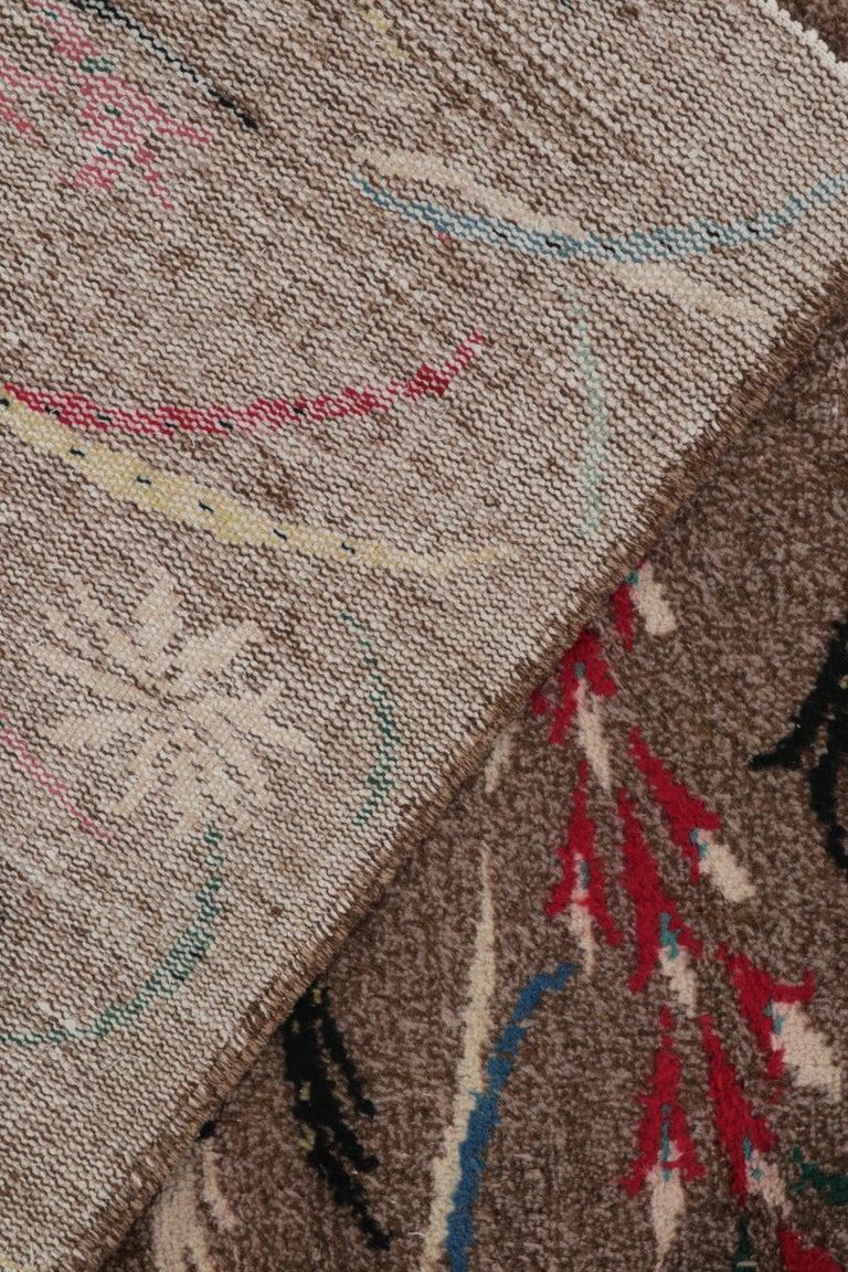 1960s Vintage Distressed Art Deco Rug in Brown Red Floral Pattern by ...