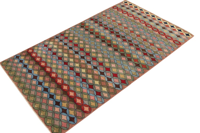 1960s Vintage Distressed Deco Rug in Multicolor Geometric Pattern by ...