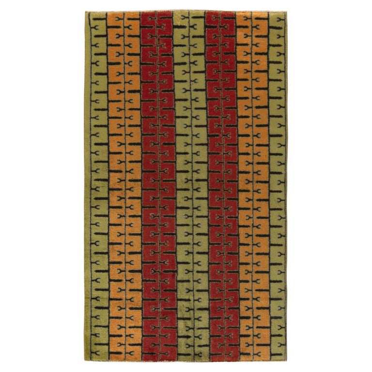 1960s Vintage Distressed Mid-Century Modern Rug, Red Deco Pattern by ...