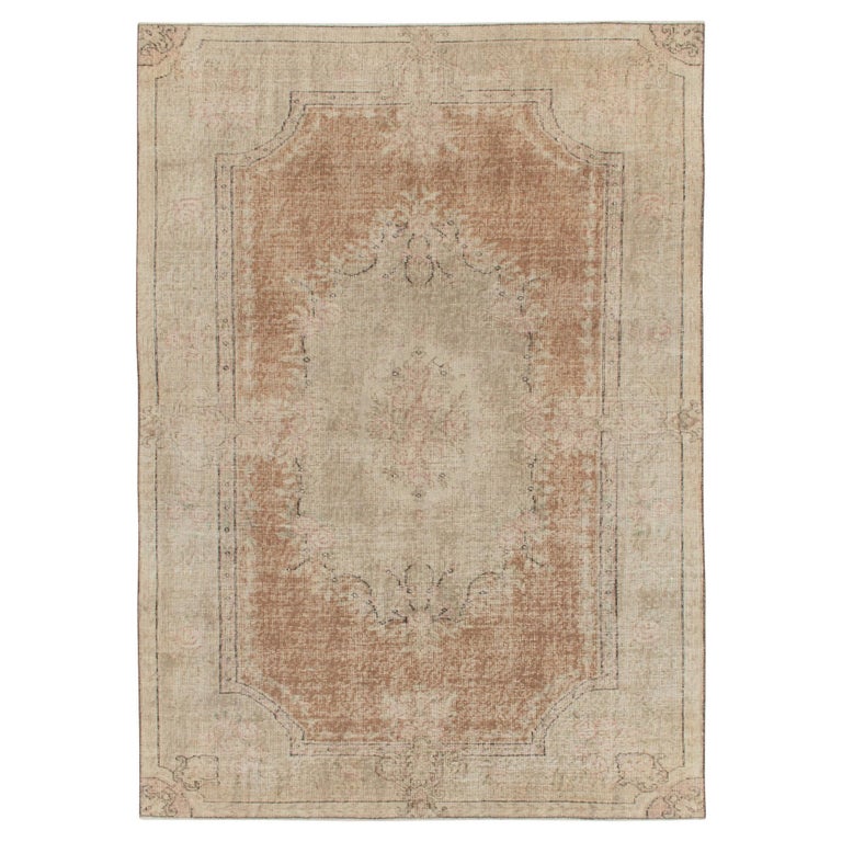 1960s Vintage Distressed Rug in Beige-Brown and Pink Floral Pattern by ...
