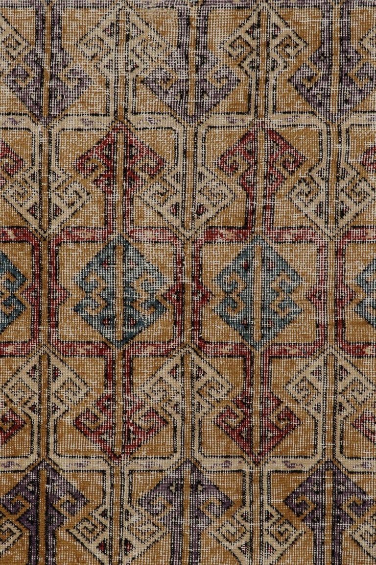 1960s Vintage Distressed Rug in Golden-Brown Geometric Patterns by Rug ...