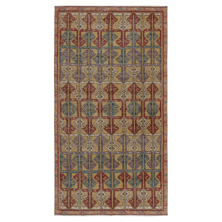 1960s Vintage Distressed Rug Gold-Brown and Red Geometric Pattern by ...