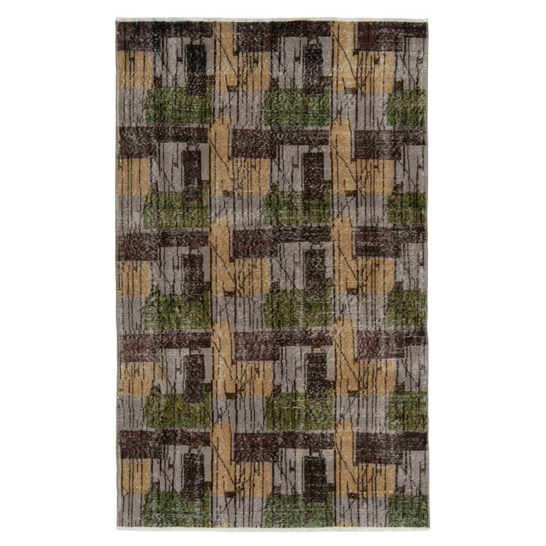 1960s Vintage Distressed Rug in Gray Brown and Green Deco Pattern by ...