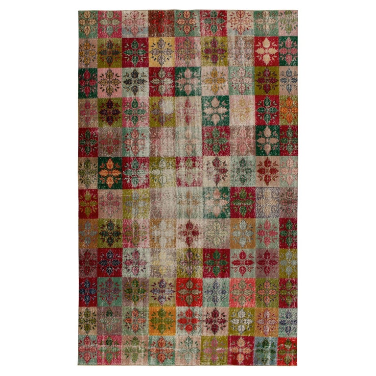 1960s Vintage Distressed Rug in Multicolor Geometric Pattern by Rug and ...