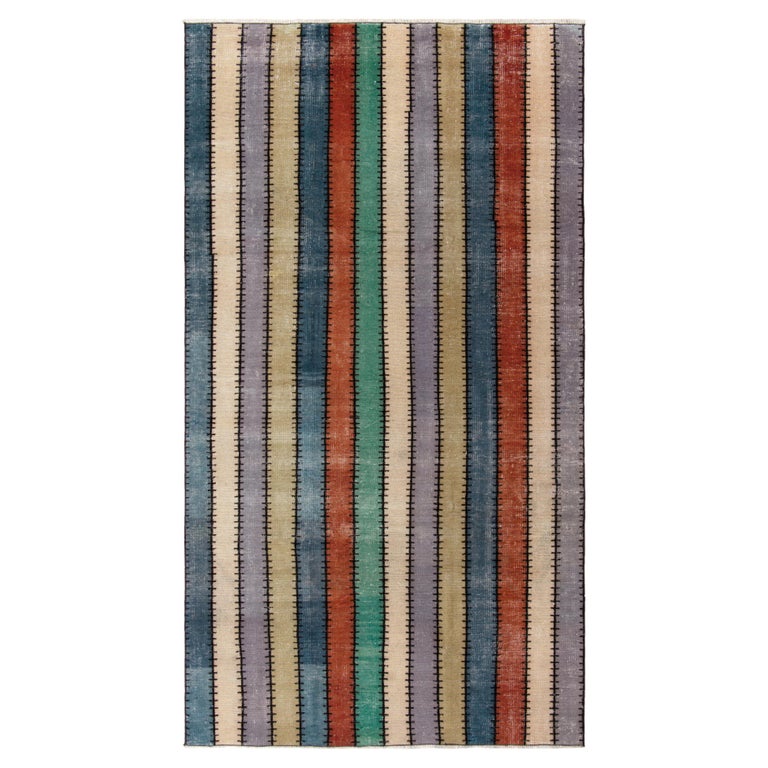 1960s Vintage Distressed Rug in Multicolor Striped Pattern by Rug and ...