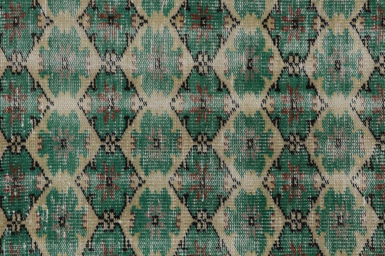 1960s Vintage Distressed Rug in Teal Green Lattice Patterns with by Rug ...