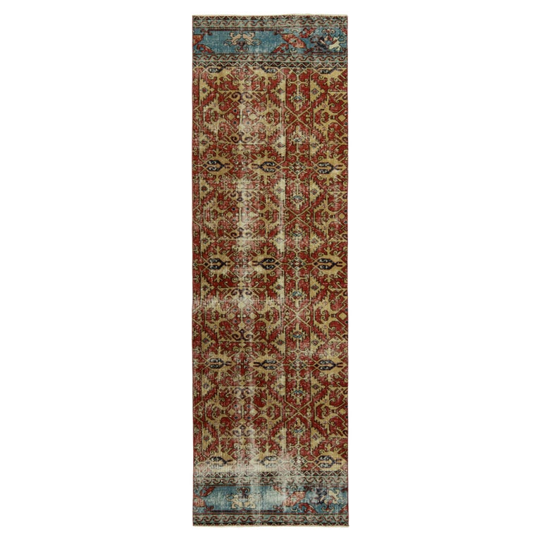 1960s Vintage Distressed Runner in Gold, Red, Geometric Patterns by Rug ...