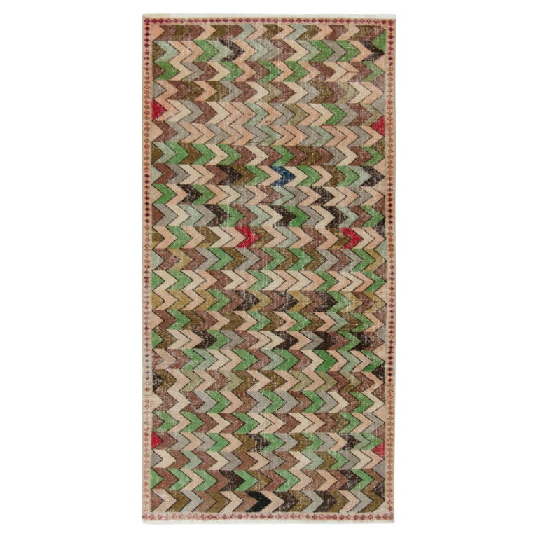1960s Vintage Distressed Runner in Green, Beige Chevron Patterns by Rug ...