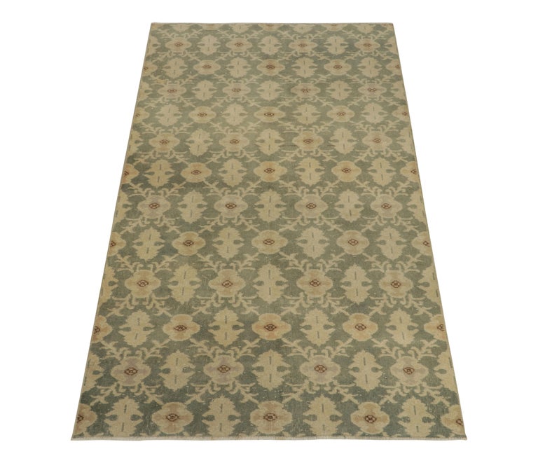 1960s Vintage Distressed Style Rug in Green, Beige Floral Pattern by ...