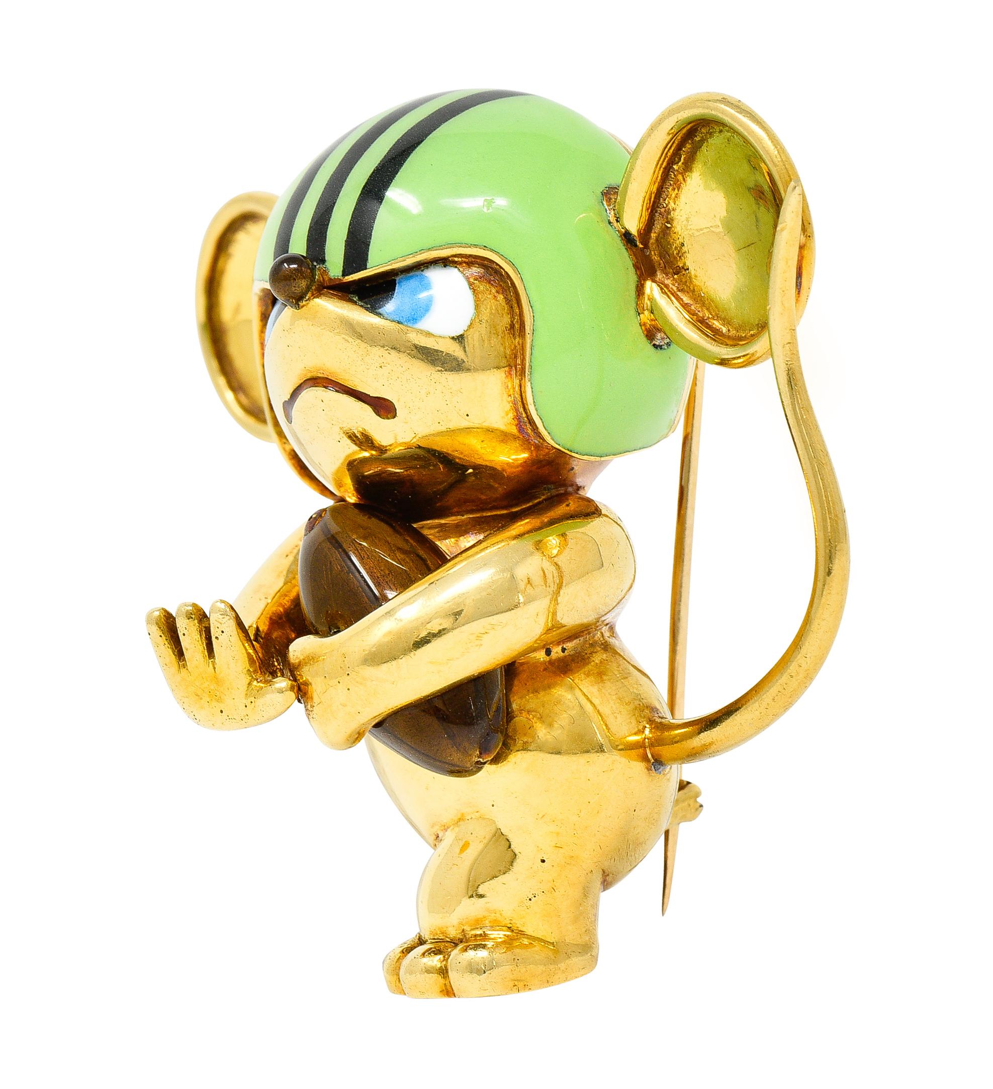 1972 Vintage Enamel 18 Karat Yellow Gold Rugby Mouse Football Brooch at ...