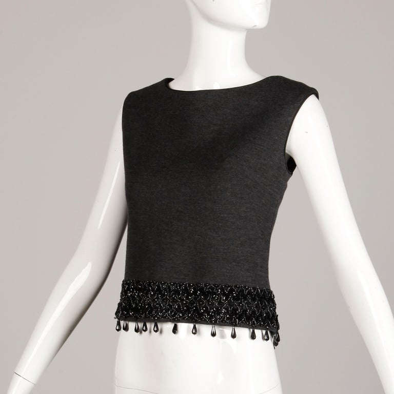 1960s Vintage Gray Wool Sleeveless Shell or Tank Top with Black Sequins ...