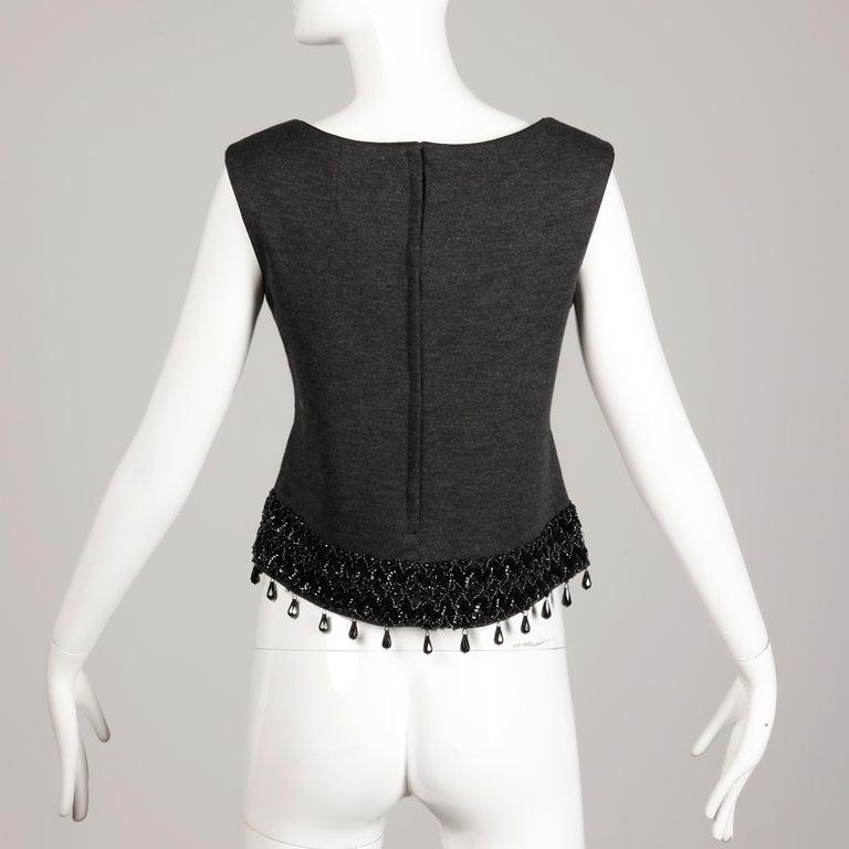 1960s Vintage Gray Wool Sleeveless Shell or Tank Top with Black Sequins ...