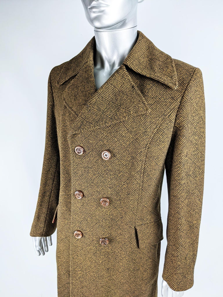 1960s Vintage Mens Long Brown Wool Tweed Pea Coat at 1stDibs | mens ...