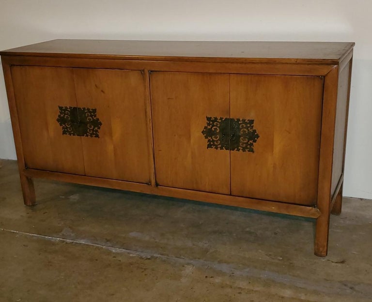 1960s Vintage Mid-Century Maple Buffet Credenza With Ornate Faux Brass ...