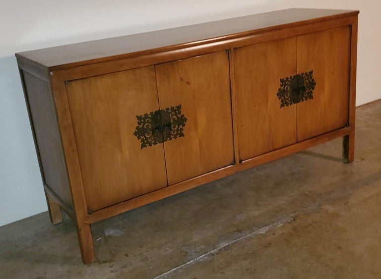 1960s Vintage Mid-Century Maple Buffet Credenza With Ornate Faux Brass ...