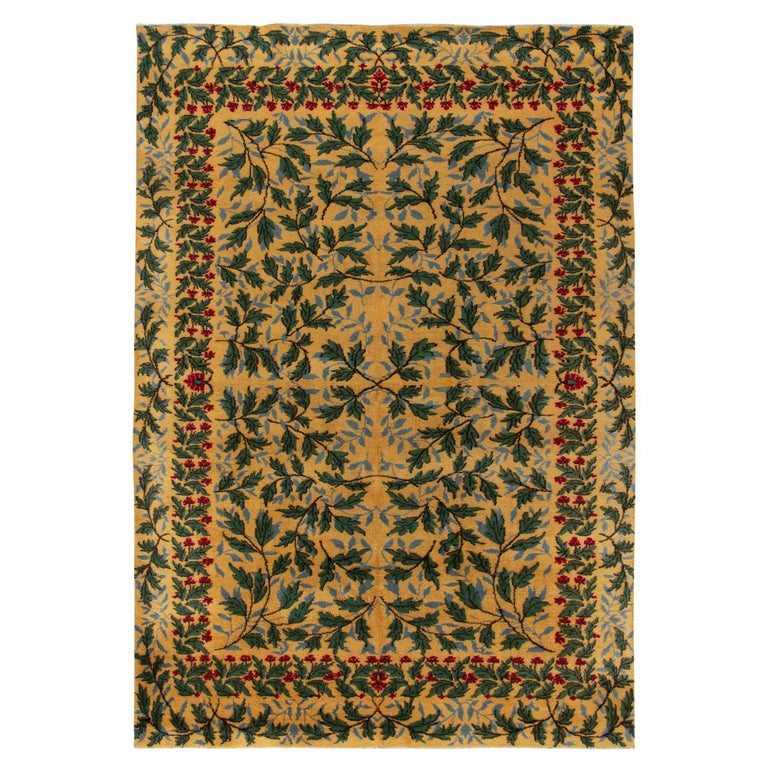 1960s Vintage Nouveau Style Rug in Gold, Green Floral Patterns by Rug ...
