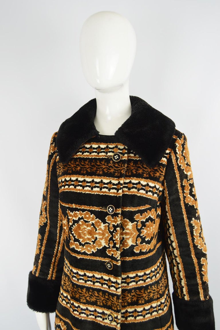 1960s Vintage Tapestry and Black Faux Fur Black and Orange Boho Carpet ...