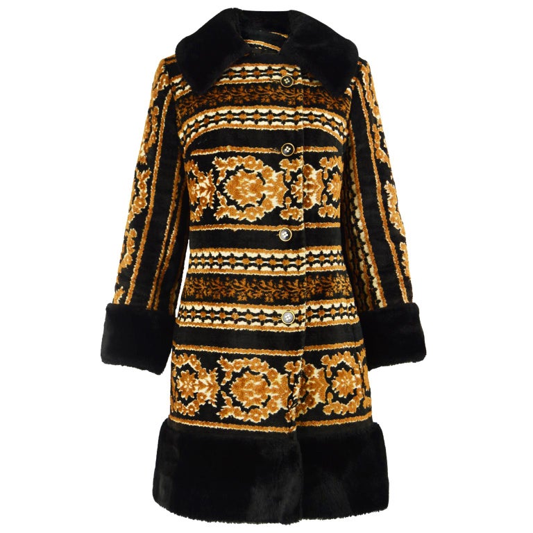 1960s Vintage Tapestry and Black Faux Fur Black and Orange Boho Carpet ...