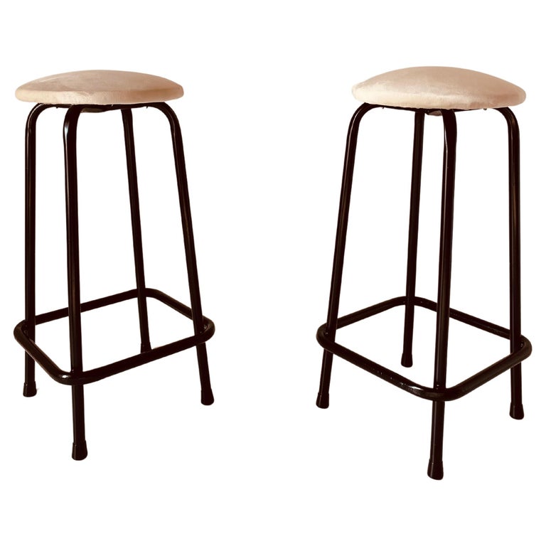 1960's vintage velvet and black iron stools, set of two For Sale at 1stDibs