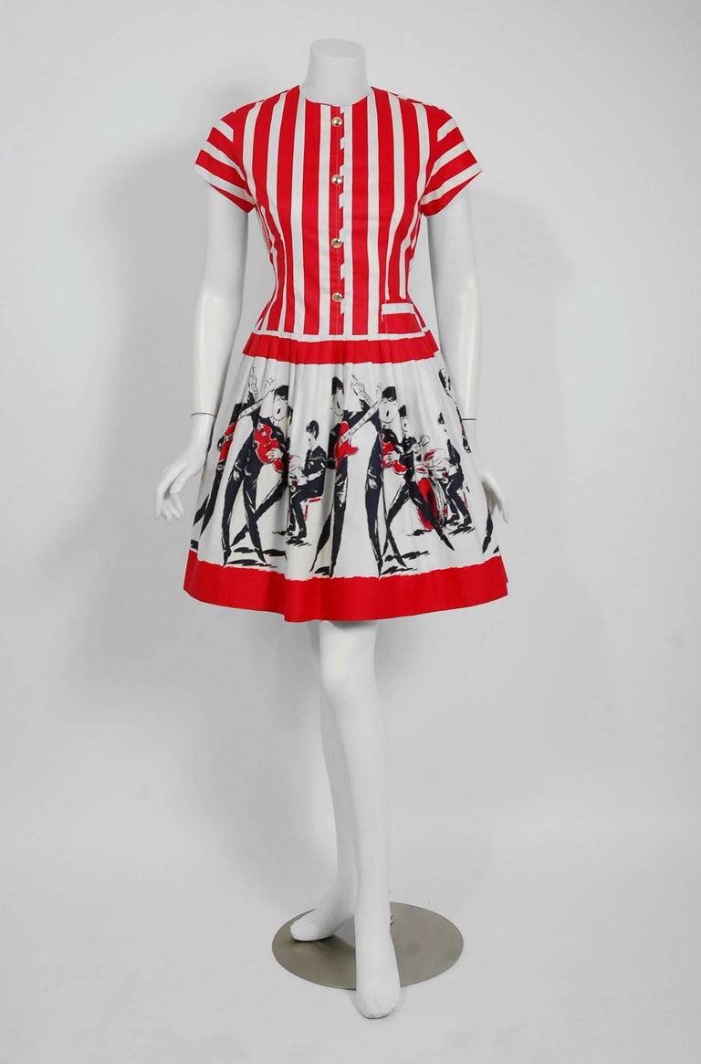 1965 Beatles Memorabilia Novelty Print Striped Cotton Belted Full Skirt ...