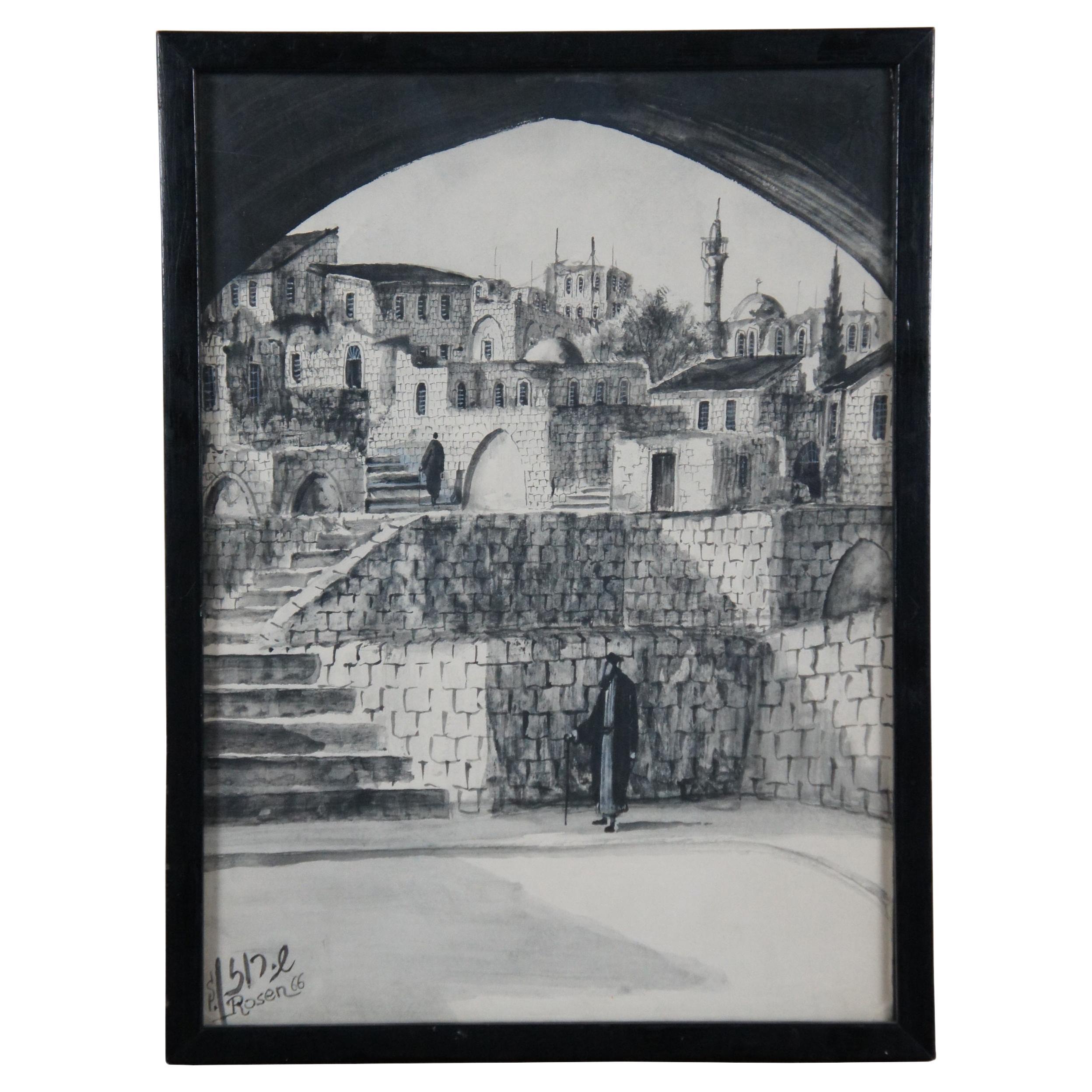 1966 Simon Rosen Israeli Judaica Jerusalem Cityscape Watercolor ...