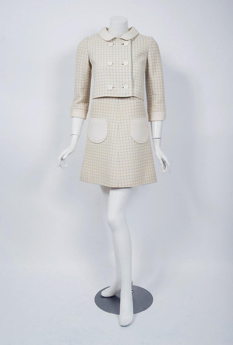 Vintage 1967 Courreges Couture Creme Blue Checkered Wool Mod Dress and ...