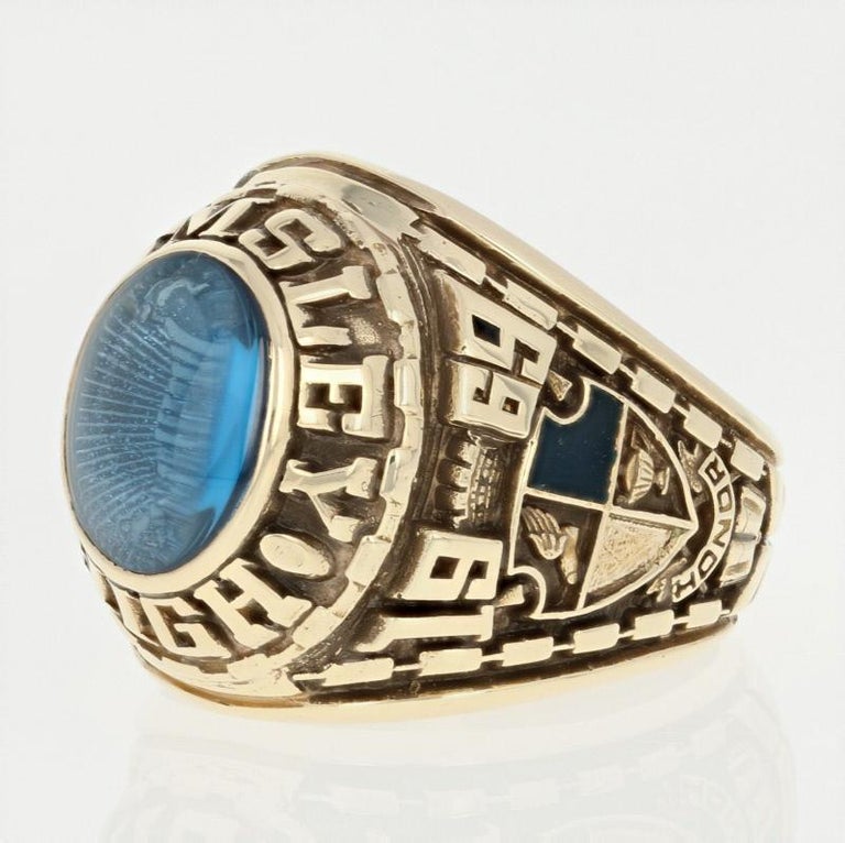 1969 Grimsley High School Class Ring, 14 Karat Gold Synthetic Spinel Whirlies For Sale at 1stDibs