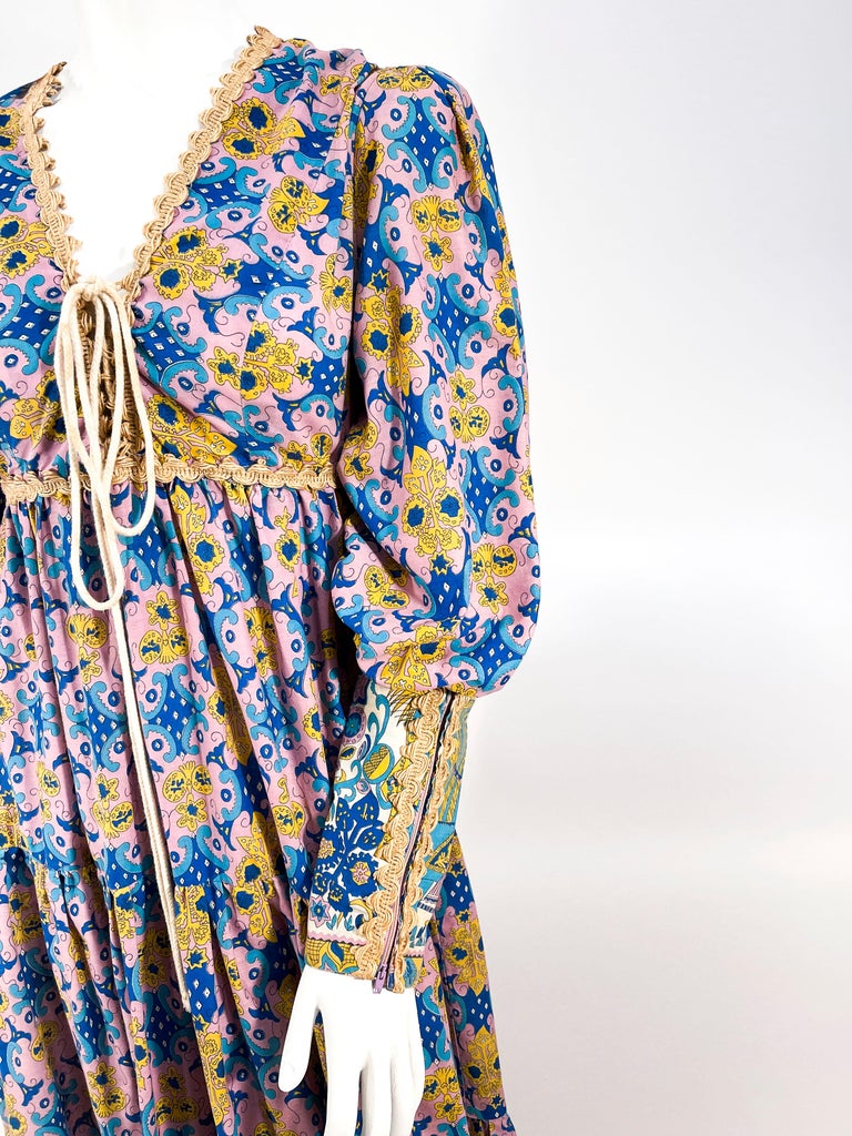 1969 Gunne Sax Eclectic Horseman Printed Cotton Dress For Sale at 1stDibs